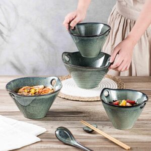 Henten Home 26 OZ Ramen Bowls Set, Ceramic Japanese Noodle Bowls Set of 2, Porcelain Deep Salad Bowl with Chopsticks for Udon, Reactive Glaze, Microwave Safe (Green)