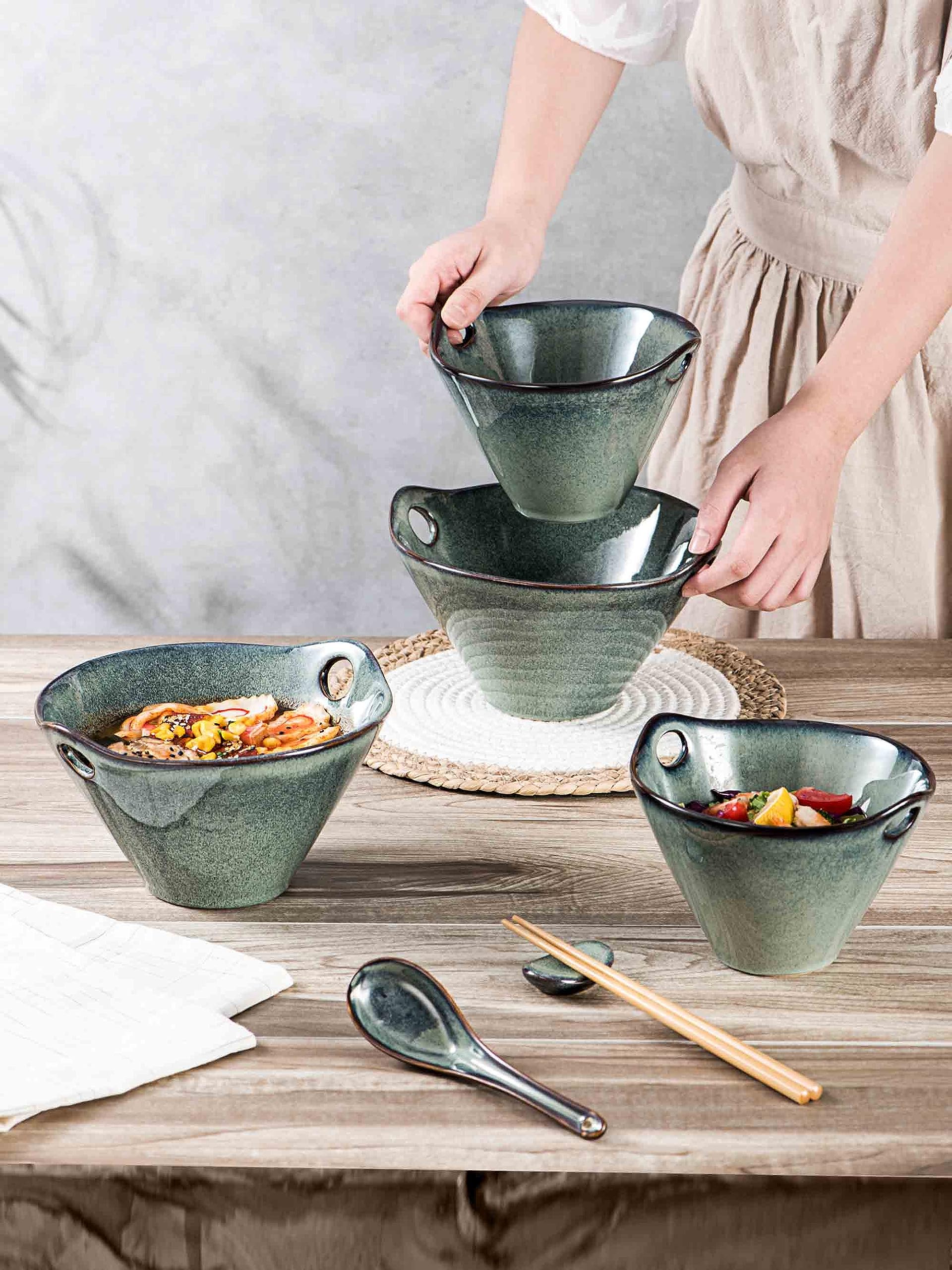 Henten Home 26 OZ Ramen Bowls Set, Ceramic Japanese Noodle Bowls Set of 2, Porcelain Deep Salad Bowl with Chopsticks for Udon, Reactive Glaze, Microwave Safe (Green)