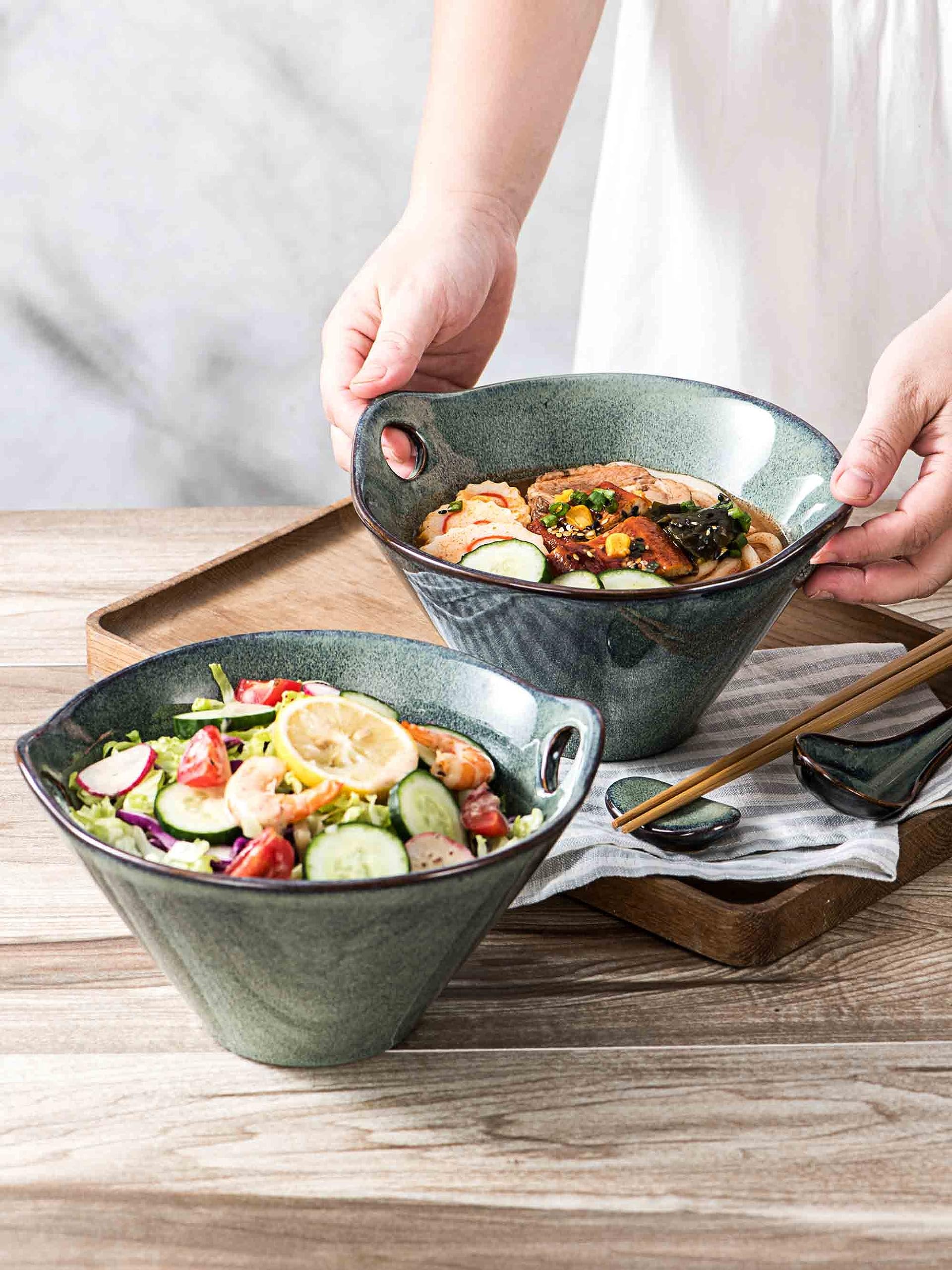 Henten Home 26 OZ Ramen Bowls Set, Ceramic Japanese Noodle Bowls Set of 2, Porcelain Deep Salad Bowl with Chopsticks for Udon, Reactive Glaze, Microwave Safe (Green)