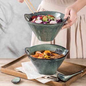 Henten Home 26 OZ Ramen Bowls Set, Ceramic Japanese Noodle Bowls Set of 2, Porcelain Deep Salad Bowl with Chopsticks for Udon, Reactive Glaze, Microwave Safe (Green)