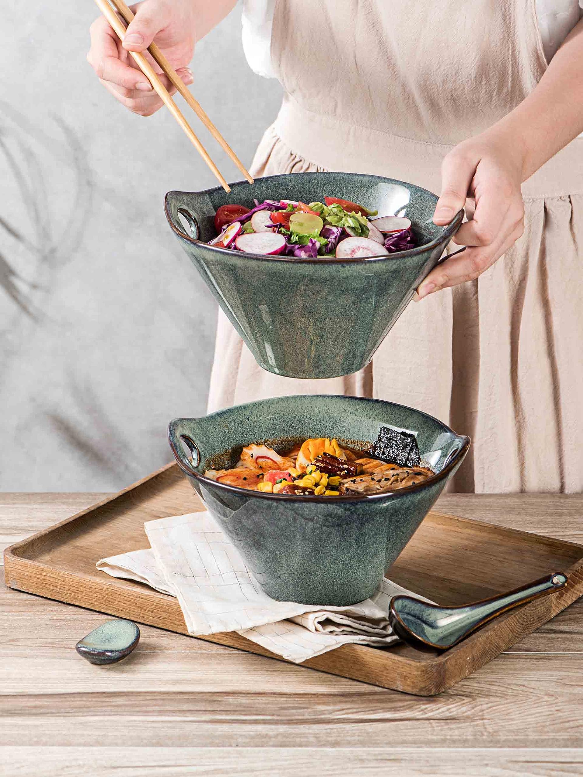 Henten Home 26 OZ Ramen Bowls Set, Ceramic Japanese Noodle Bowls Set of 2, Porcelain Deep Salad Bowl with Chopsticks for Udon, Reactive Glaze, Microwave Safe (Green)