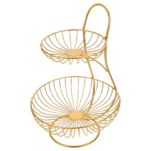 IMIKEYA Golden Metal Countertop Wire Fruit Storage Basket Double Layers Desktop Fruit Bowl Stand Holder Vegetables Storage Basin for Kitchen