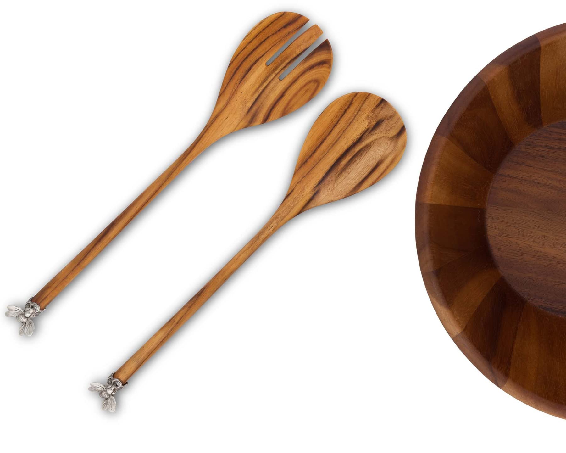 Vagabond House Bee Hive Shaped Wood Salad Bowl and Salad Server Set with Pewter Bee Accent 12.5 inch Diameter