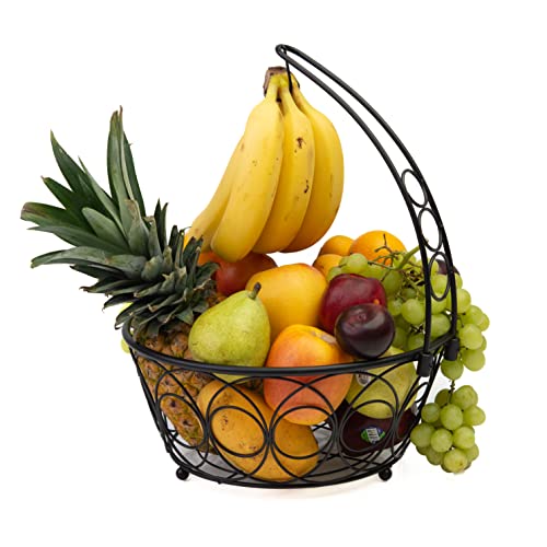 TutiFruti Fruit Bowl With Banana Holder, Fruits on Basket Do No Top Over, Conveniently Balanced, The Size and Color Your Family Expects. (Black Satin), 16X12.