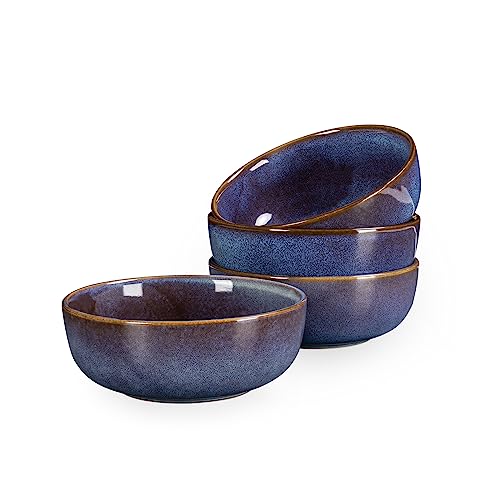 Henten Home Ceramic Cereal Bowl Set, 25 OZ Salad Bowls Set of 4, Porcelain Oatmeal Bowls for Kitchen, Serving Soup Bowls, Reactive Glaze, Fruit, Oven, Microwave, Dishwasher Safe (Deep Blue)