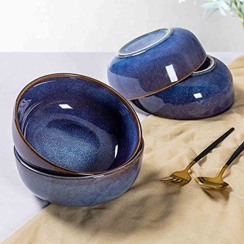 Henten Home Ceramic Cereal Bowl Set, 25 OZ Salad Bowls Set of 4, Porcelain Oatmeal Bowls for Kitchen, Serving Soup Bowls, Reactive Glaze, Fruit, Oven, Microwave, Dishwasher Safe (Deep Blue)