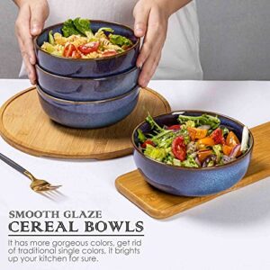 Henten Home Ceramic Cereal Bowl Set, 25 OZ Salad Bowls Set of 4, Porcelain Oatmeal Bowls for Kitchen, Serving Soup Bowls, Reactive Glaze, Fruit, Oven, Microwave, Dishwasher Safe (Deep Blue)