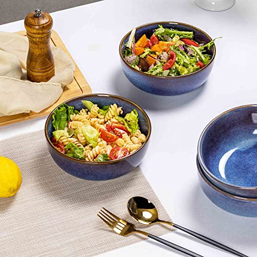 Henten Home Ceramic Cereal Bowl Set, 25 OZ Salad Bowls Set of 4, Porcelain Oatmeal Bowls for Kitchen, Serving Soup Bowls, Reactive Glaze, Fruit, Oven, Microwave, Dishwasher Safe (Deep Blue)