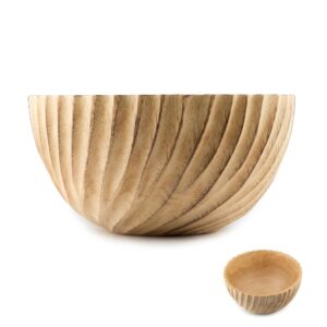 tapeera wooden salad bowl large serving - hand carved mango wood fruit bowl 10" diameter x 5" h - wave design popcorn bowl - large salad serving bowl - big wooden bowl for food - decorative bowl