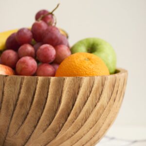 Tapeera Wooden Salad Bowl Large Serving - Hand Carved Mango Wood Fruit Bowl 10" Diameter x 5" H - Wave Design Popcorn Bowl - Large Salad Serving Bowl - Big Wooden Bowl For Food - Decorative Bowl