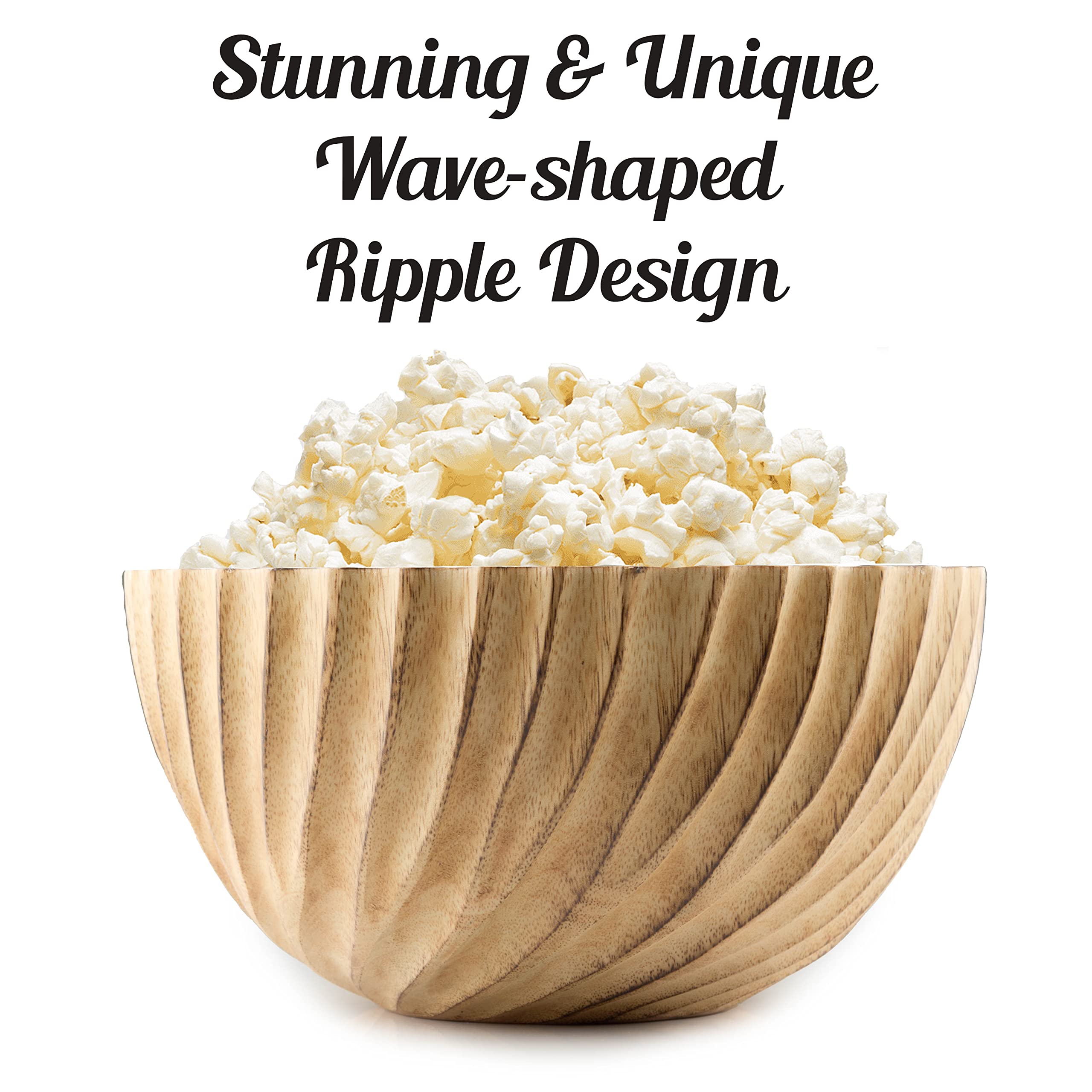 Tapeera Wooden Salad Bowl Large Serving - Hand Carved Mango Wood Fruit Bowl 10" Diameter x 5" H - Wave Design Popcorn Bowl - Large Salad Serving Bowl - Big Wooden Bowl For Food - Decorative Bowl