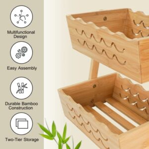 Happy Panda Bamboo 2 Tier Bamboo Fruit Basket Bowl Kitchen Countertop Display Wooden Shelf Organizer Bread Box Stand Holder Multi Purpose Large Storage Capacity for Vegetables & Houshold Accessories