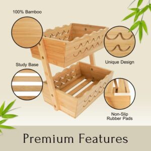 Happy Panda Bamboo 2 Tier Bamboo Fruit Basket Bowl Kitchen Countertop Display Wooden Shelf Organizer Bread Box Stand Holder Multi Purpose Large Storage Capacity for Vegetables & Houshold Accessories