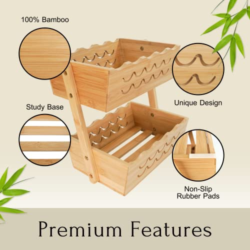 Happy Panda Bamboo 2 Tier Bamboo Fruit Basket Bowl Kitchen Countertop Display Wooden Shelf Organizer Bread Box Stand Holder Multi Purpose Large Storage Capacity for Vegetables & Houshold Accessories