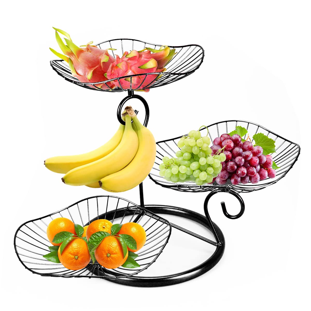 DOERDO 3 Tier Fruit Basket Holder, Decorative Fruit Bowls Stand, Table Countertop Holder for Vegetables Bread Snack, Black