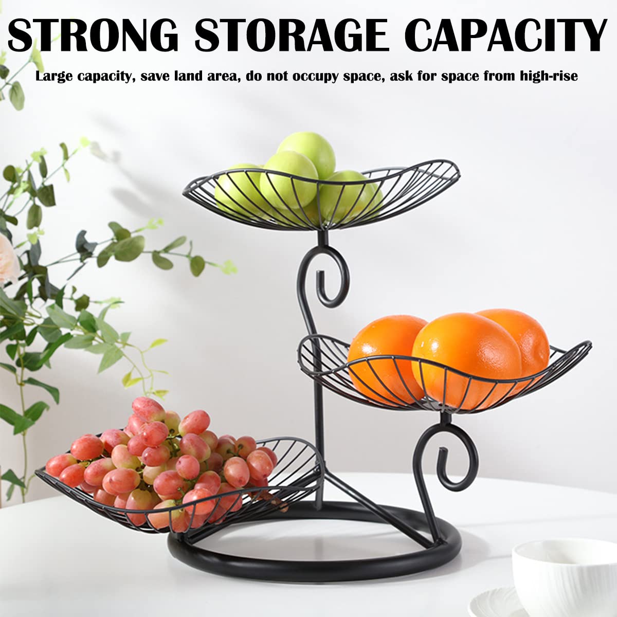 DOERDO 3 Tier Fruit Basket Holder, Decorative Fruit Bowls Stand, Table Countertop Holder for Vegetables Bread Snack, Black