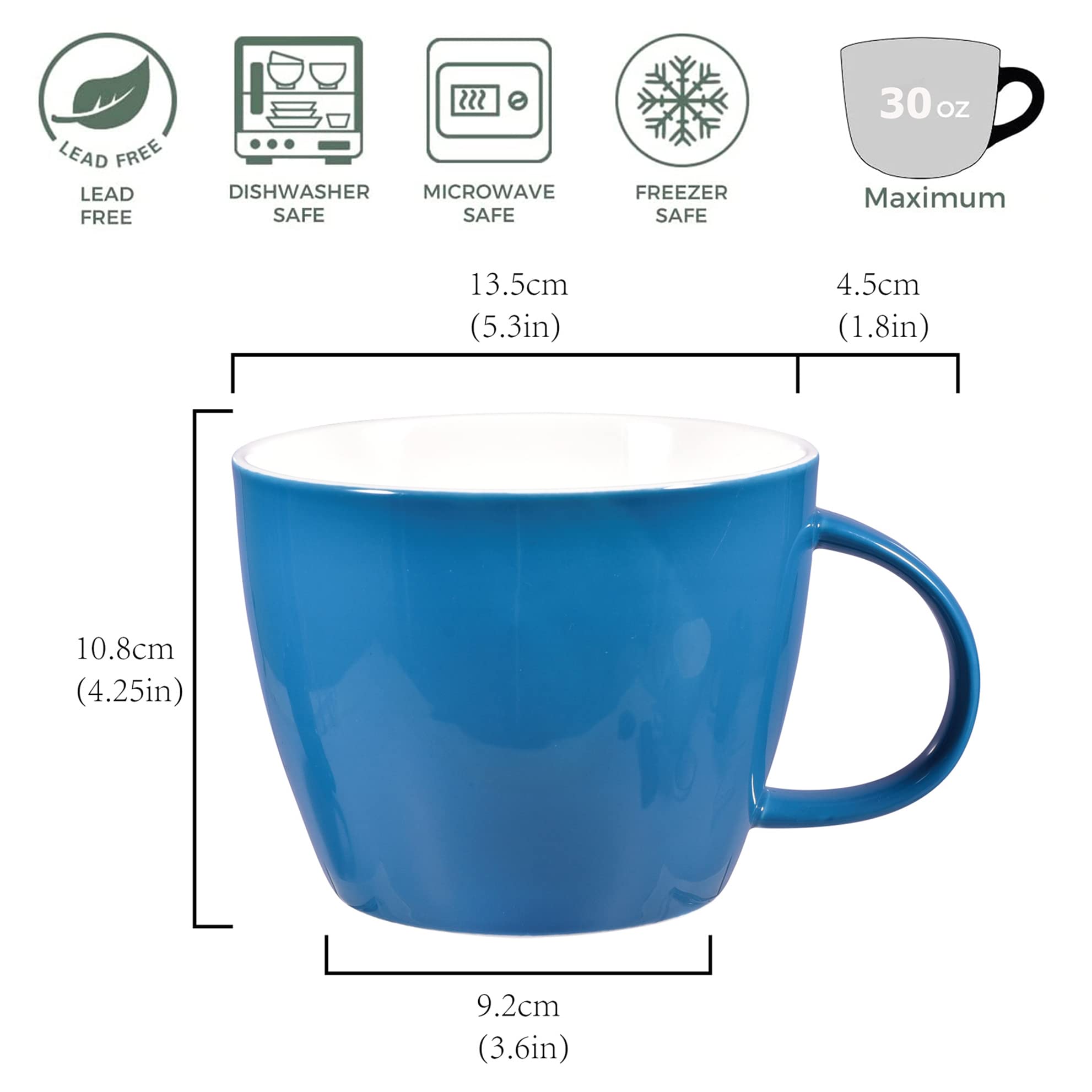 SELECTIONS OF PAN 30 Ounce Jumbo Soup Bowl Glossy Ceramic Mug with Handle for Soup, Coffee, Tea, Ice Cream, Fruit, Cereal, Milk, Mocha, Cocoa Aqua Blue 2X-Large (Pack of 1) MBB-MG13 0