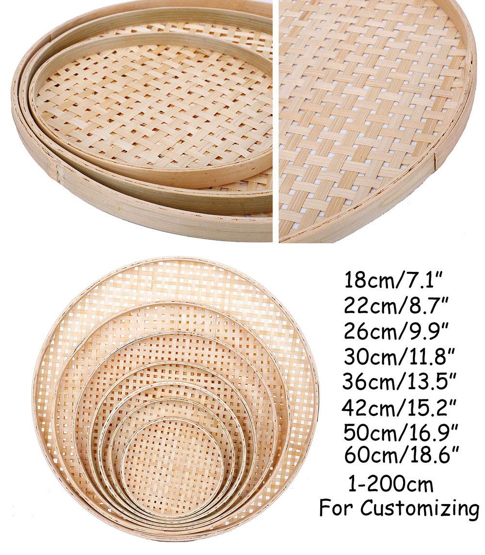 TimesFriend 100% Handwoven Flat Wicker Round Fruit Basket Woven Food Storage Weaved Shallow Tray Organizer Holder Bowl Decorative Rack Display Wall Hanging Decor for Kitchen (18cm/7", Square White)