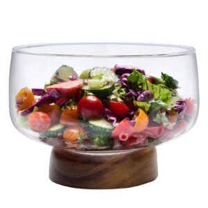 ZJX0769 128.5 Ounce Large Glass Salad Bowl with Acacia Wood Pedestal, Glass Serving Bowl, Footed Bowl for Fruit or Baked Goods, Crystal Bowl