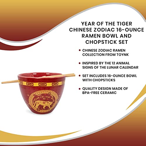 Year Of The Tiger Chinese Zodiac Ceramic Dinnerware Set | Includes 16-Ounce Ramen Noodle Bowl and Wooden Chopsticks | Asian Food Dish Set For Home & Kitchen | Kawaii Lunar New Year Gifts