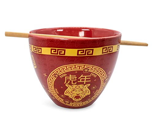 Year Of The Tiger Chinese Zodiac Ceramic Dinnerware Set | Includes 16-Ounce Ramen Noodle Bowl and Wooden Chopsticks | Asian Food Dish Set For Home & Kitchen | Kawaii Lunar New Year Gifts