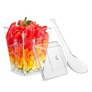 5.5oz dessert cups with lids and spoons,plastic clear square dessert bowls disposable reusable parfait appetizer cup-set of 24