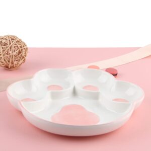 HOKMOKQOK Porcelain Divided Serving Dishes,Ceramics Cat Paw Relish Tray,Candy bowl,Cute Compartment Serving Bowls for Party Christmas Perfect for Chips and Dip, Veggies, Candy and Snacks Pink 8.5inch