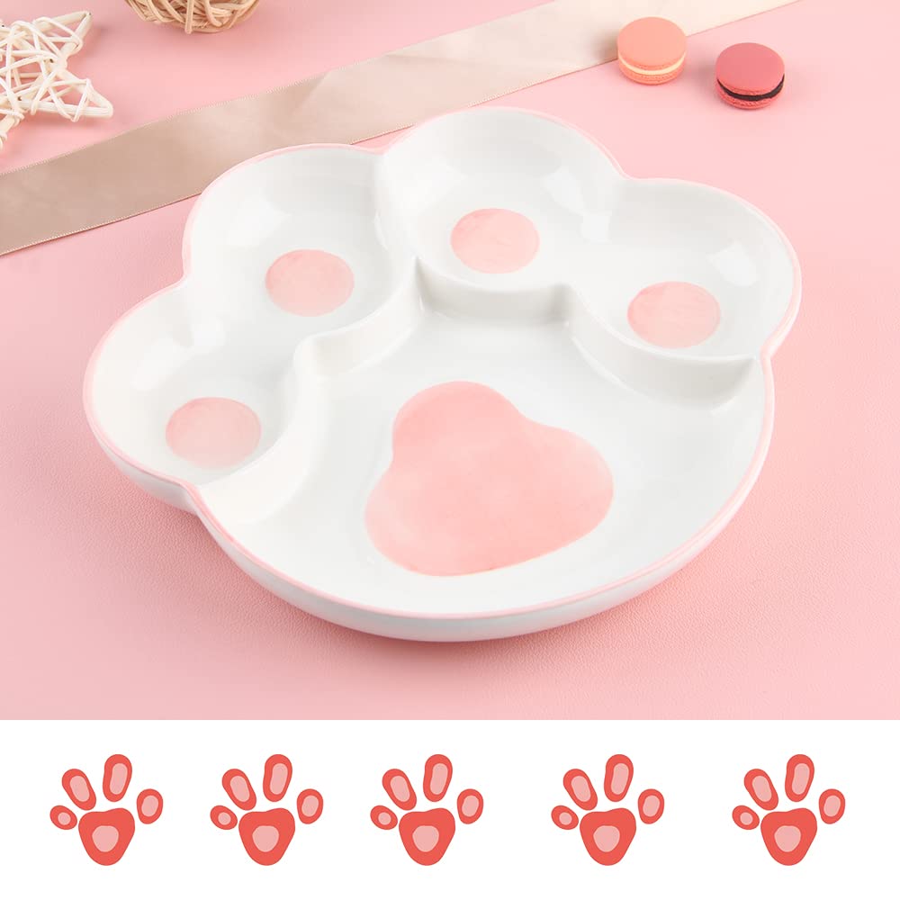 HOKMOKQOK Porcelain Divided Serving Dishes,Ceramics Cat Paw Relish Tray,Candy bowl,Cute Compartment Serving Bowls for Party Christmas Perfect for Chips and Dip, Veggies, Candy and Snacks Pink 8.5inch