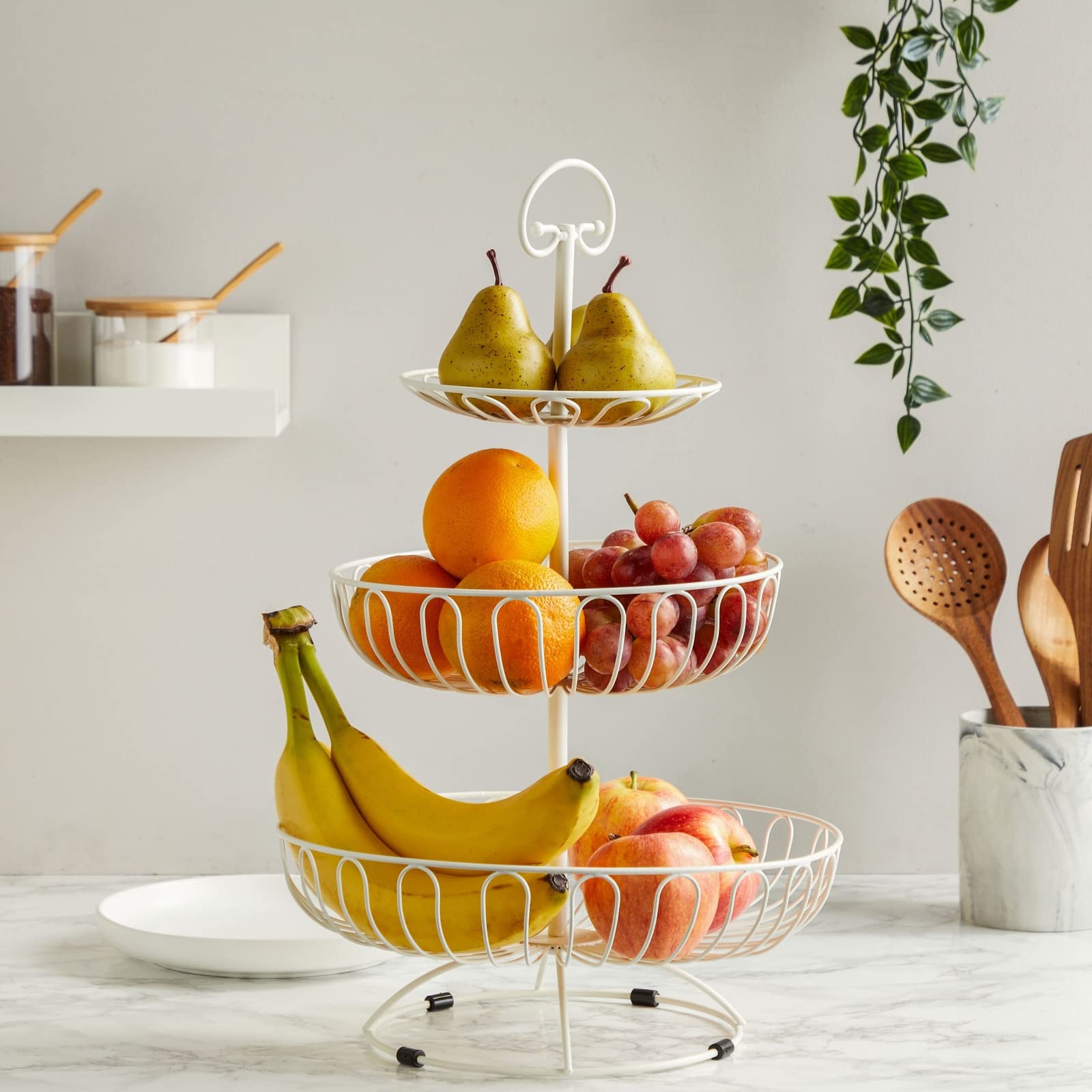 Juvale Large White Fruit Basket for Kitchen Counter, Metal 3 Tiered Fruit Stand for Countertop, Fresh Produce, Fruits and Vegetables, Organization, Storage Rack (18 In)