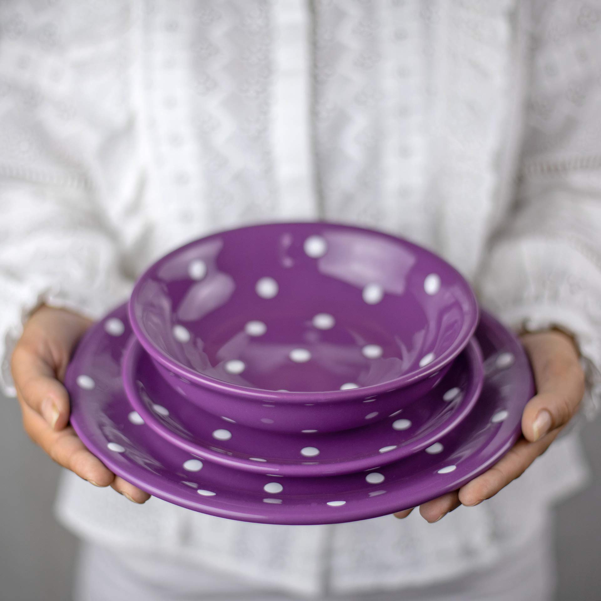 City to Cottage Handmade Purple And White Pottery Polka Dot Glazed 7.3inch/18.5cm, 14oz/400ml Salad, Pasta, Fruit, Cereal, Soup Bowl | Unique Ceramic Dinnerware, Housewarming Gift