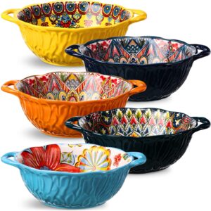 lallisa 5 pcs 32 oz ceramic soup bowls with double handle oven safe soup bowls colorful cute bowls embossed soup bowls set for cereal, soup, salad, stew, cereal, pot pies and pasta