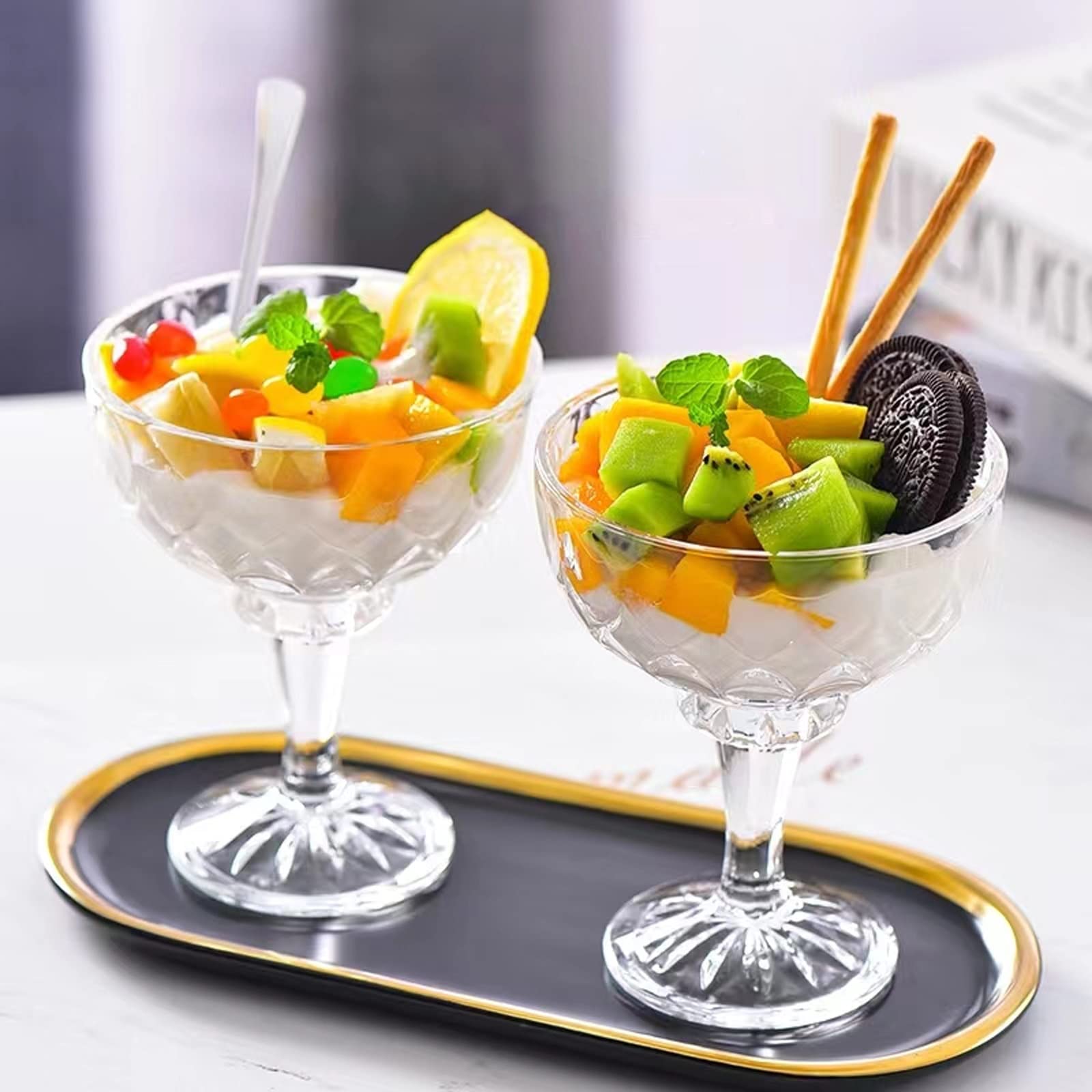 StarLuckINT 3pcs Glass Ice Cream Bowls, 8oz Clear Footed Dessert Bowls, Crystal Thick Sundae Cups, for Dessert, Snack, Salad, Pudding, Cocktail, Fruit Holiday Party (Color : Flowers)