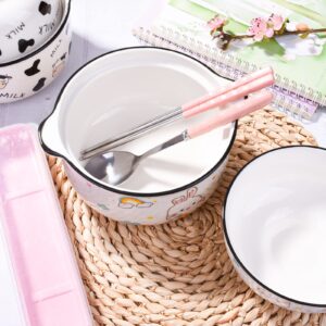 BOSILI Ceramic Ramen Bowl with Lid Cut Instant Noodle Bowl Porcelain Soup Bowl with Spoon and Chopsticks Microwave Ramen Pot Bowl Salad bowl Snack Bowl with Handle (Bunny)