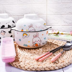 BOSILI Ceramic Ramen Bowl with Lid Cut Instant Noodle Bowl Porcelain Soup Bowl with Spoon and Chopsticks Microwave Ramen Pot Bowl Salad bowl Snack Bowl with Handle (Bunny)