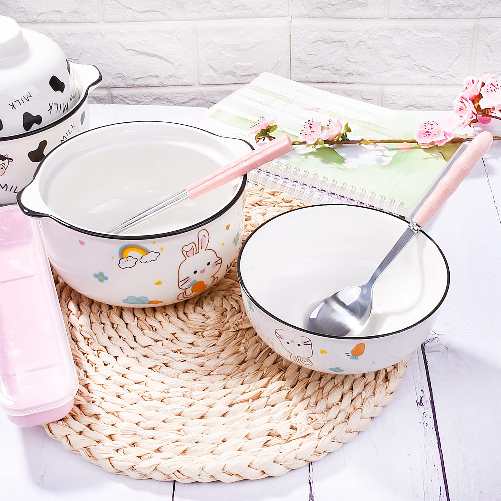 BOSILI Ceramic Ramen Bowl with Lid Cut Instant Noodle Bowl Porcelain Soup Bowl with Spoon and Chopsticks Microwave Ramen Pot Bowl Salad bowl Snack Bowl with Handle (Bunny)