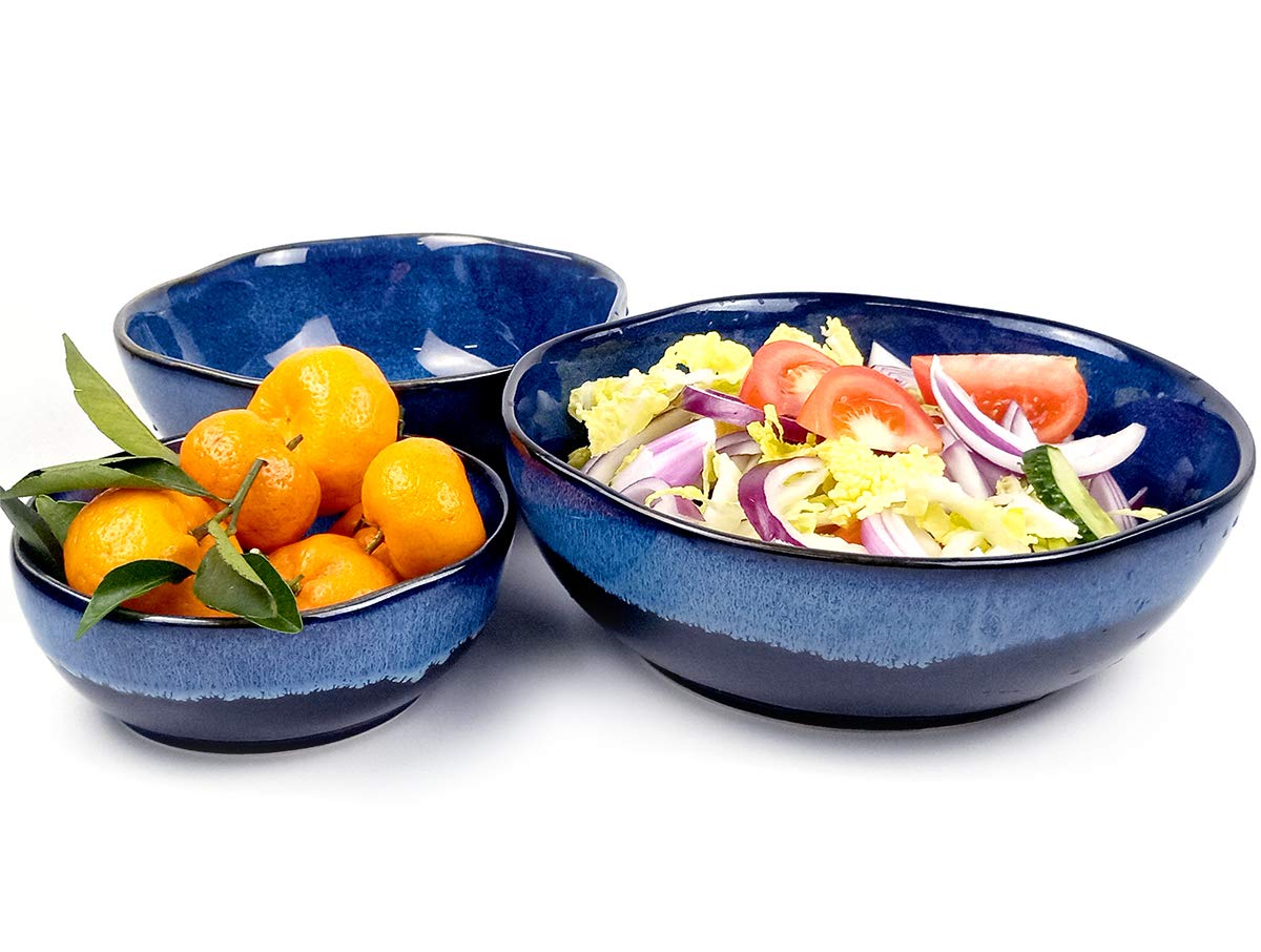 EWEIGEER Creative Kiln Variant Ceramic Salad Pasta Serving Bowl Cereal Snack Dessert Porcelain Bowls Set of 3.Small Medium and Large