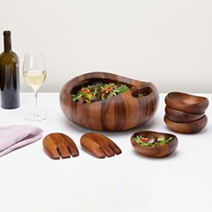 nambe Pebble 7Pc Salad Set | Large 15-Inch Serving Bowl | Made of Acacia Wood | Includes Salad Serving Bowl, Individual Bowls, and Salad Tossers | Perfect for Entertaining