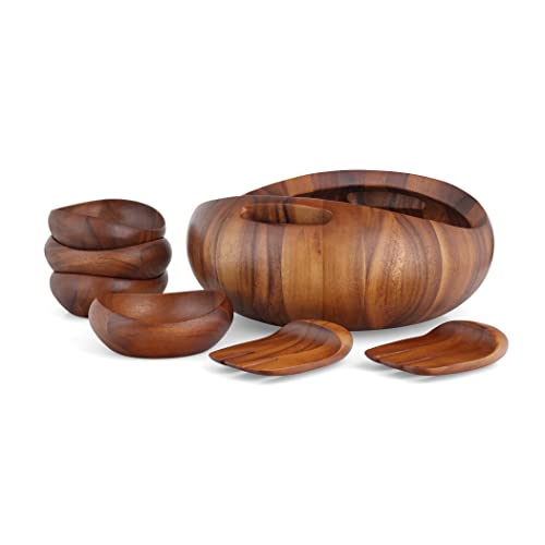 nambe Pebble 7Pc Salad Set | Large 15-Inch Serving Bowl | Made of Acacia Wood | Includes Salad Serving Bowl, Individual Bowls, and Salad Tossers | Perfect for Entertaining