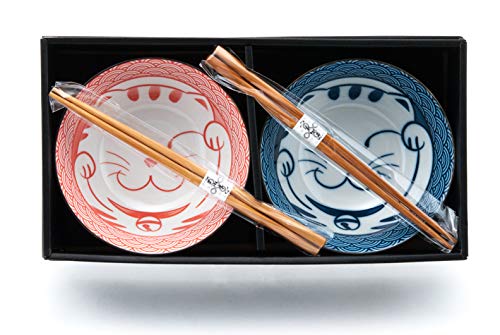 Fuji Merchandise Japanese Porcelain Multi Purpose Tayo Bowl Maneki Neko Lucky Cat Meow Design Set of 2 with Chopsticks Gift Set Made In Japan