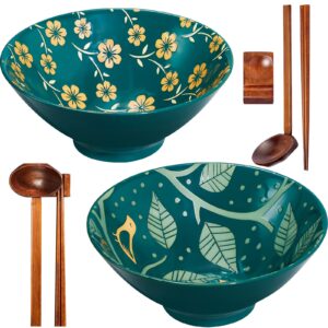 2 pieces ceramic large ramen bowls ceramic noodle soup bowl cereal porcelain bowls pasta serving bowl sets round ramen bowls with spoons chopsticks rack for noodles soup salad rice pasta (green)