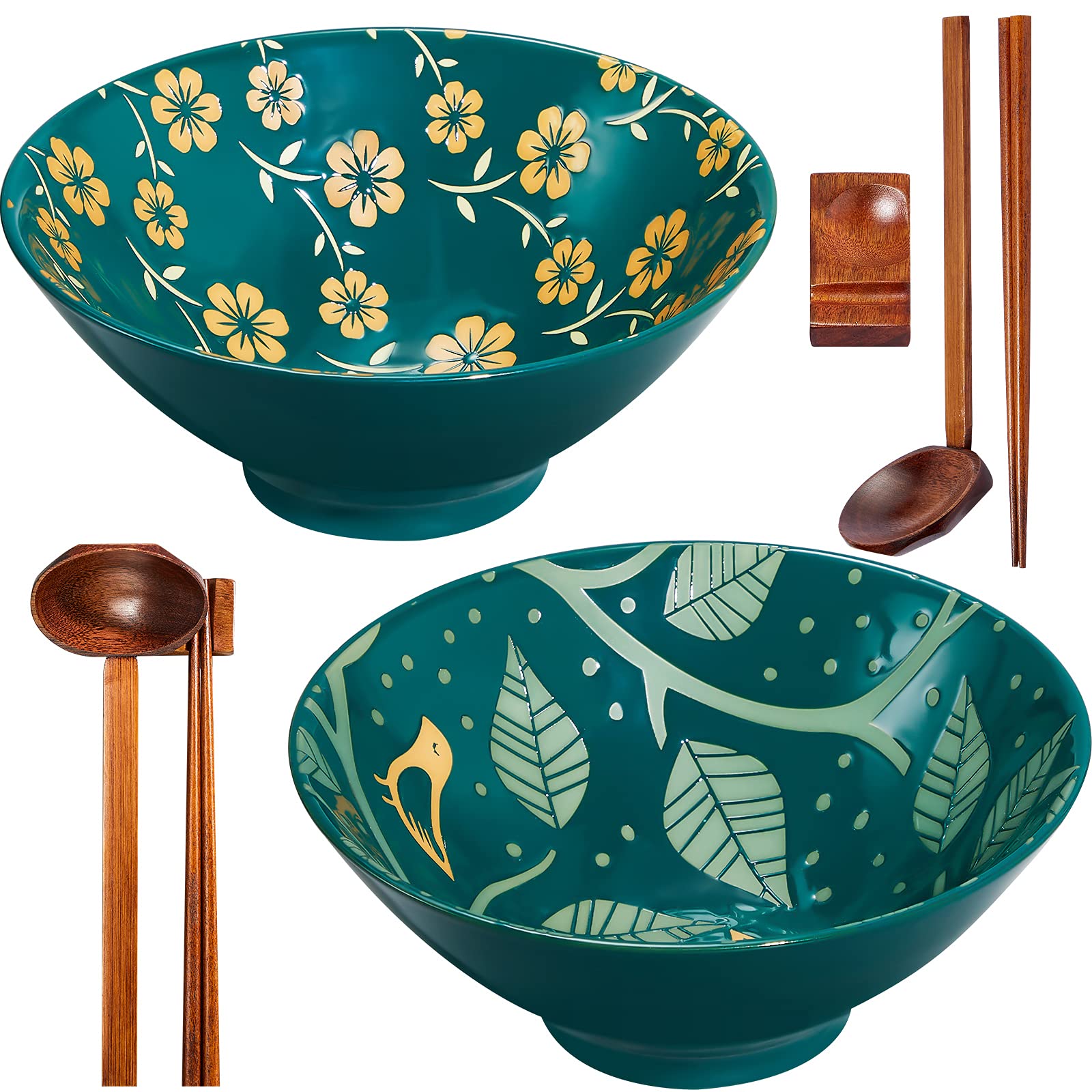 2 Pieces Ceramic Large Ramen Bowls Ceramic Noodle Soup Bowl Cereal Porcelain Bowls Pasta Serving Bowl Sets Round Ramen Bowls with Spoons Chopsticks Rack for Noodles Soup Salad Rice Pasta (Green)