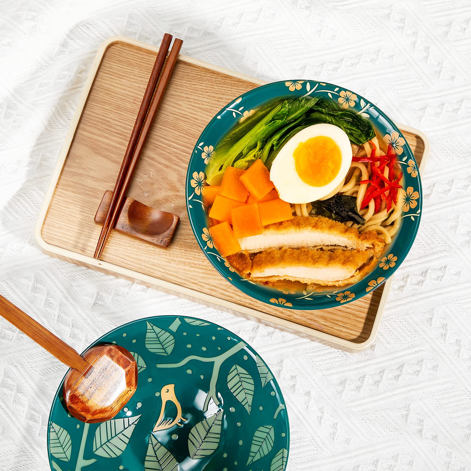 2 Pieces Ceramic Large Ramen Bowls Ceramic Noodle Soup Bowl Cereal Porcelain Bowls Pasta Serving Bowl Sets Round Ramen Bowls with Spoons Chopsticks Rack for Noodles Soup Salad Rice Pasta (Green)