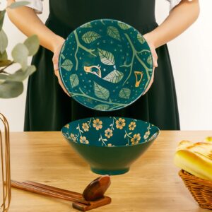 2 Pieces Ceramic Large Ramen Bowls Ceramic Noodle Soup Bowl Cereal Porcelain Bowls Pasta Serving Bowl Sets Round Ramen Bowls with Spoons Chopsticks Rack for Noodles Soup Salad Rice Pasta (Green)