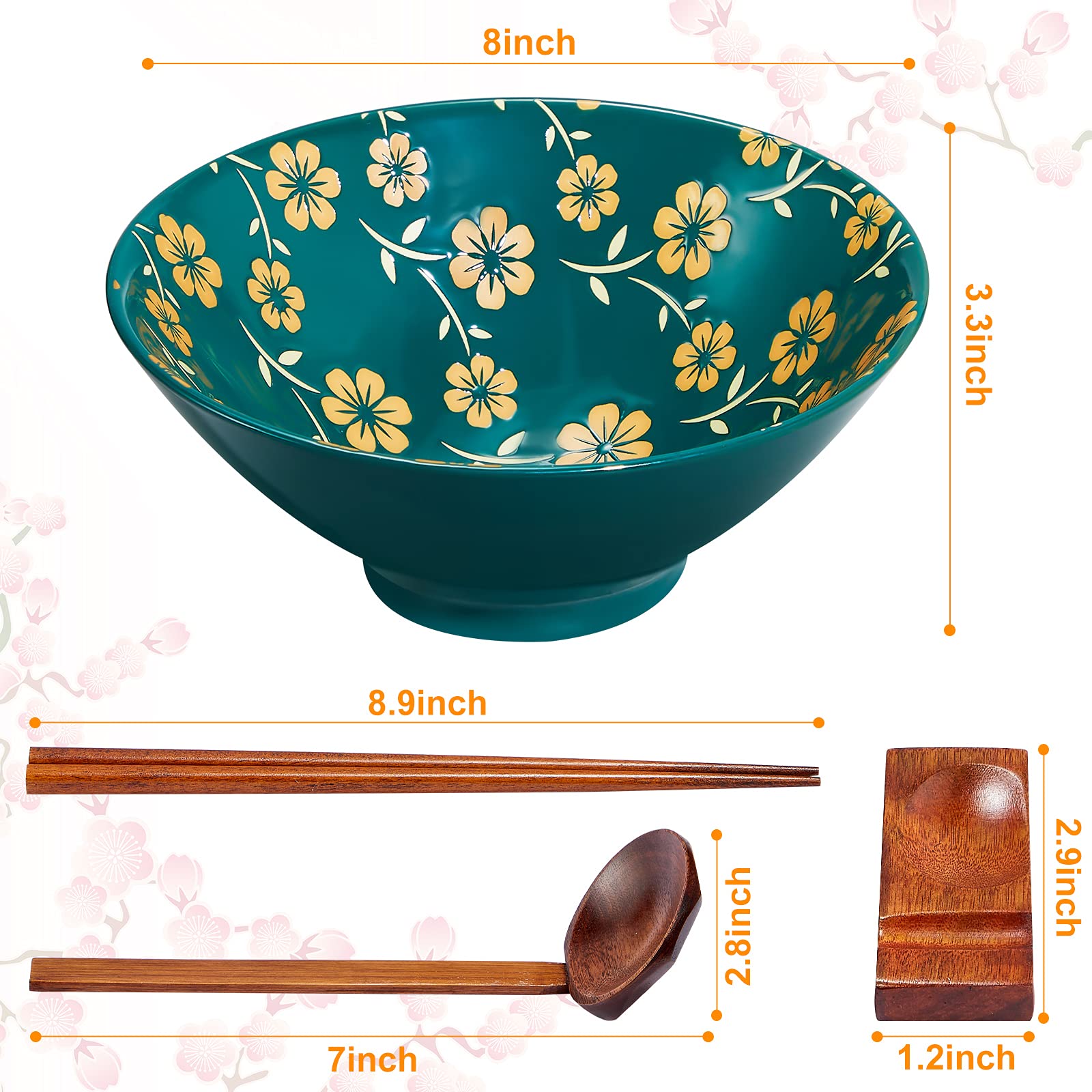 2 Pieces Ceramic Large Ramen Bowls Ceramic Noodle Soup Bowl Cereal Porcelain Bowls Pasta Serving Bowl Sets Round Ramen Bowls with Spoons Chopsticks Rack for Noodles Soup Salad Rice Pasta (Green)