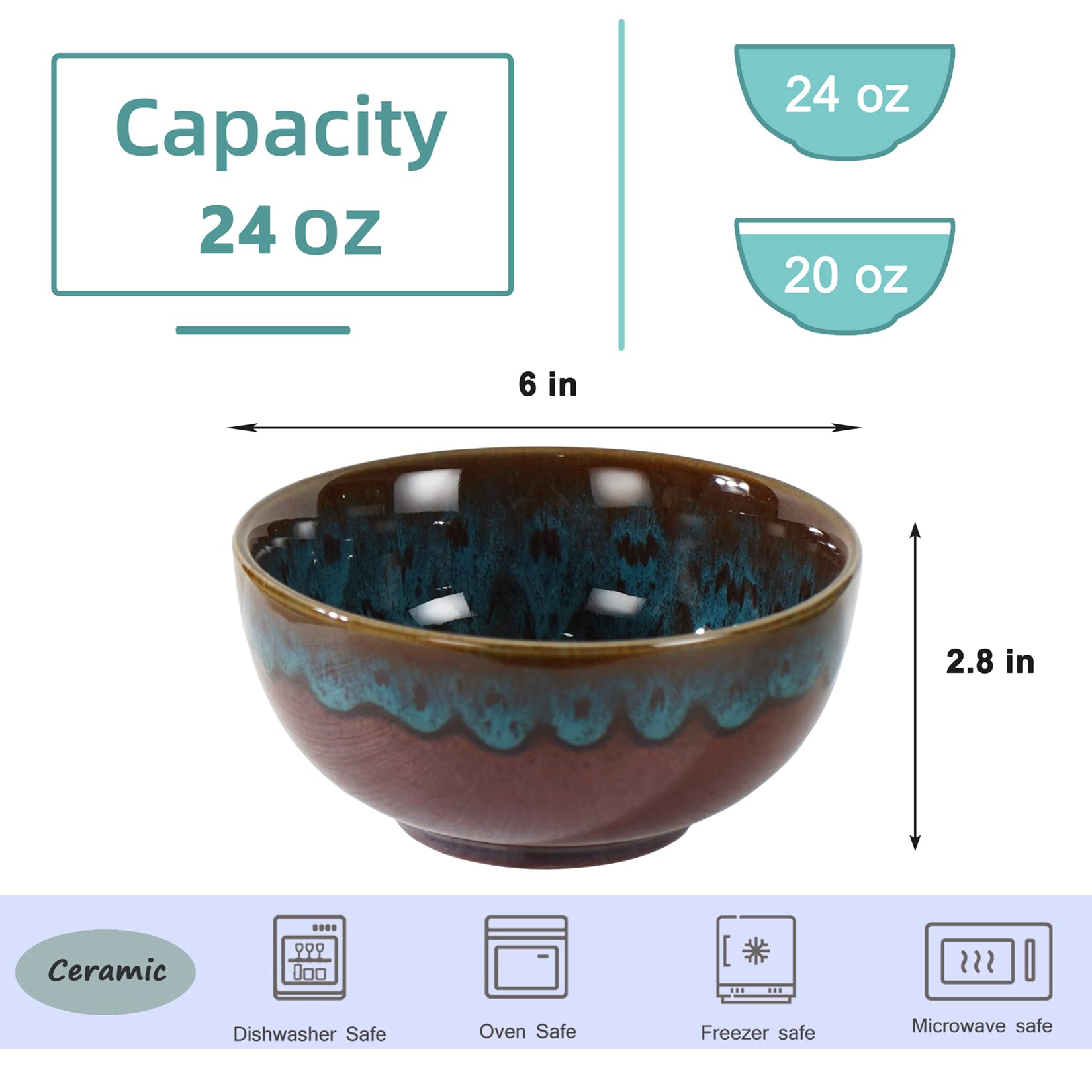 STE-CER Cereal Bowls,Soup Bowl,6 Inch Ceramic Bowl Set of 4 for Kitchen,Japanese Style Bowl Set for Dessert,Noodle,Breakfast,Salads,Oatmeal(Peacock Green)