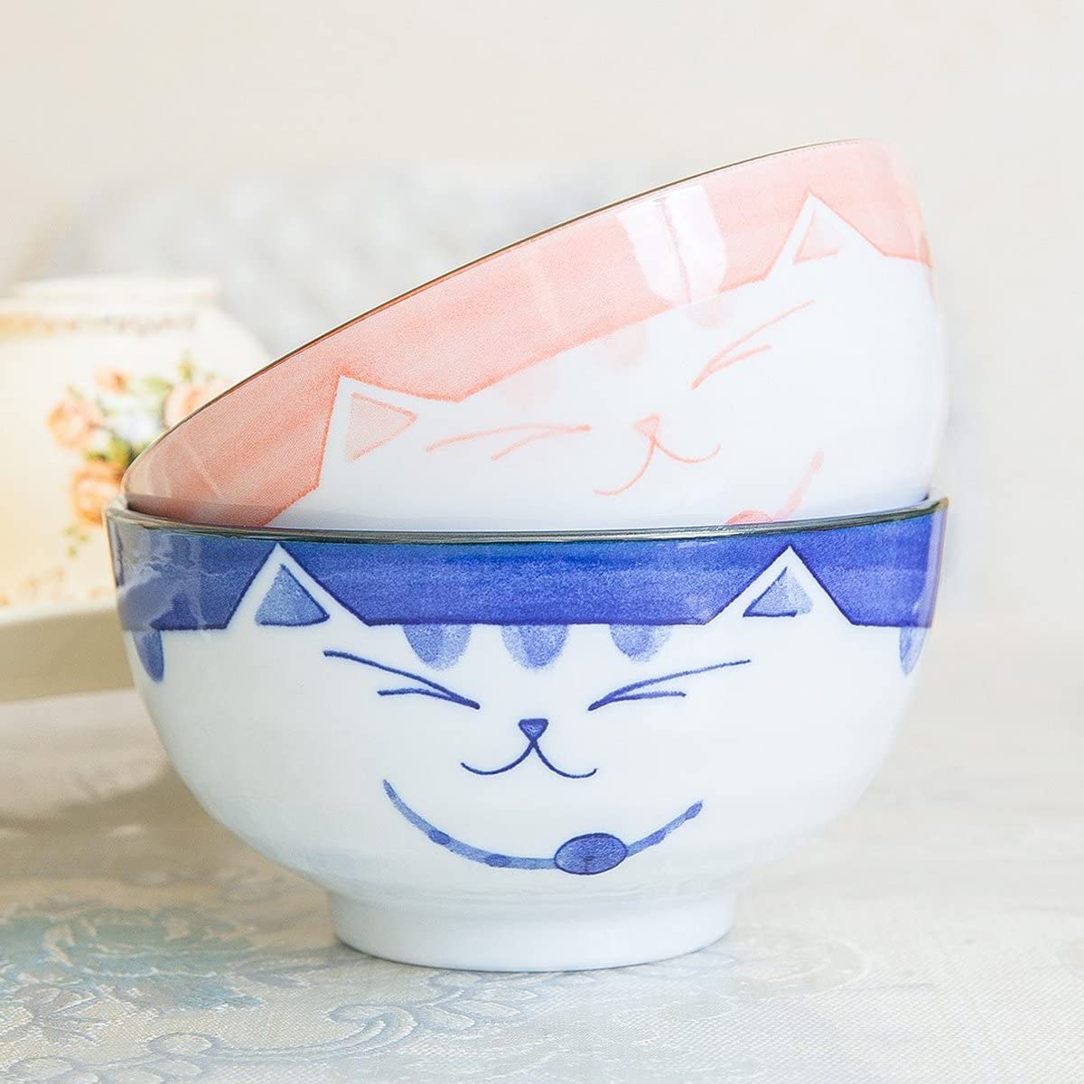 JapanBargain, Japanese Porcelain Bowl Soup Bowl Rice Bowl Udon Bowl Ramen Noodle Soup Bowl Cereal Bowl Made in Japan, Blue Smiling Cat Maneki Neko Pattern (1, Bowl 5-inch) Product Name