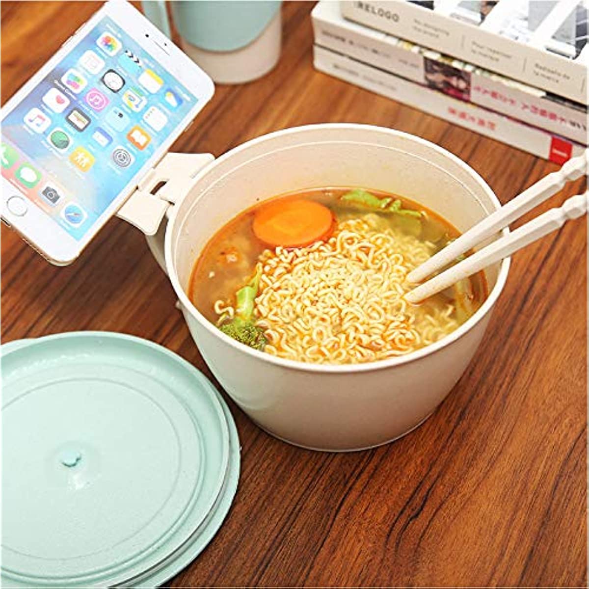 Microwave Ramen Noodle Cooker Bowl with Lid- Microwaveable Wheat Staw Soup Bowl with Phone Holder, Perfect for Dorm, Small Kitchen, or Office-BPA-Free