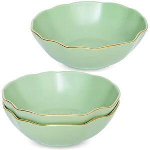 bosmarlin large ceramic salad pasta bowls set of 3, 55 oz with golden scalloped rim, big serving bowls for soup, fruit, mashed potatoes, dishwasher and microwave safe (green, 9 in)