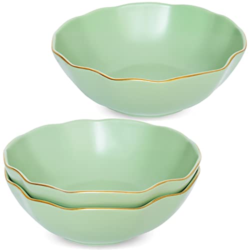 Bosmarlin Large Ceramic Salad Pasta Bowls Set of 3, 55 Oz with Golden Scalloped Rim, Big Serving Bowls for Soup, Fruit, Mashed Potatoes, Dishwasher and Microwave Safe (Green, 9 in)