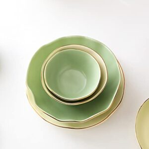 Bosmarlin Large Ceramic Salad Pasta Bowls Set of 3, 55 Oz with Golden Scalloped Rim, Big Serving Bowls for Soup, Fruit, Mashed Potatoes, Dishwasher and Microwave Safe (Green, 9 in)